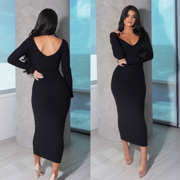 Hera Collection | Dresses | Hera Black Vneck Ribbed Knit Long Sleeve ...